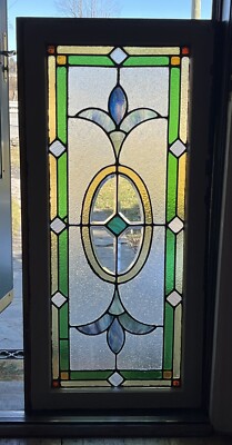 ANTIQUE STAINED LEADED GLASS WINDOW BEVELED/CUT GLASS ACCENTS COAL MINE ...