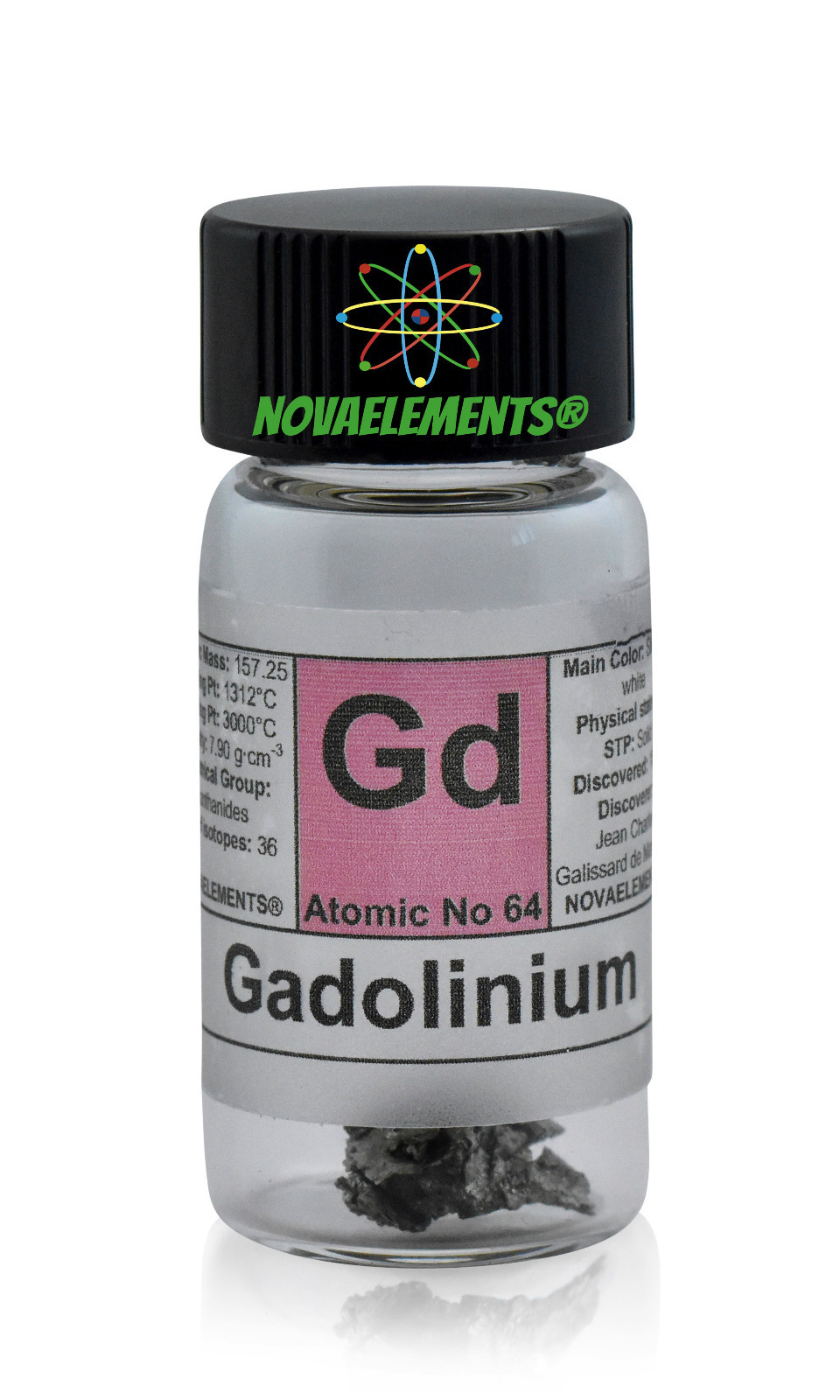 1 gram 99,95% Gadolinium metal element 64 Gd sample in labeled glass ...