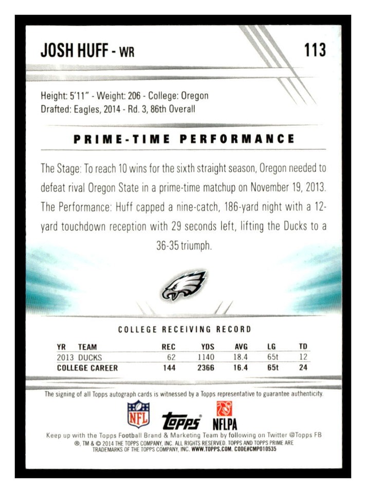 Josh Huff 2014 Topps Prime AUTOGRAPH /75 AUTO SP | eBay