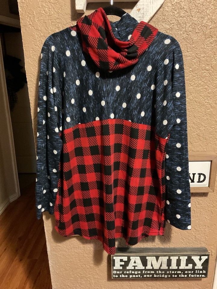LuLaRoe Amber Hoodie Red & Black Buffalo Plaid Blue/White Dots Size XL ...
