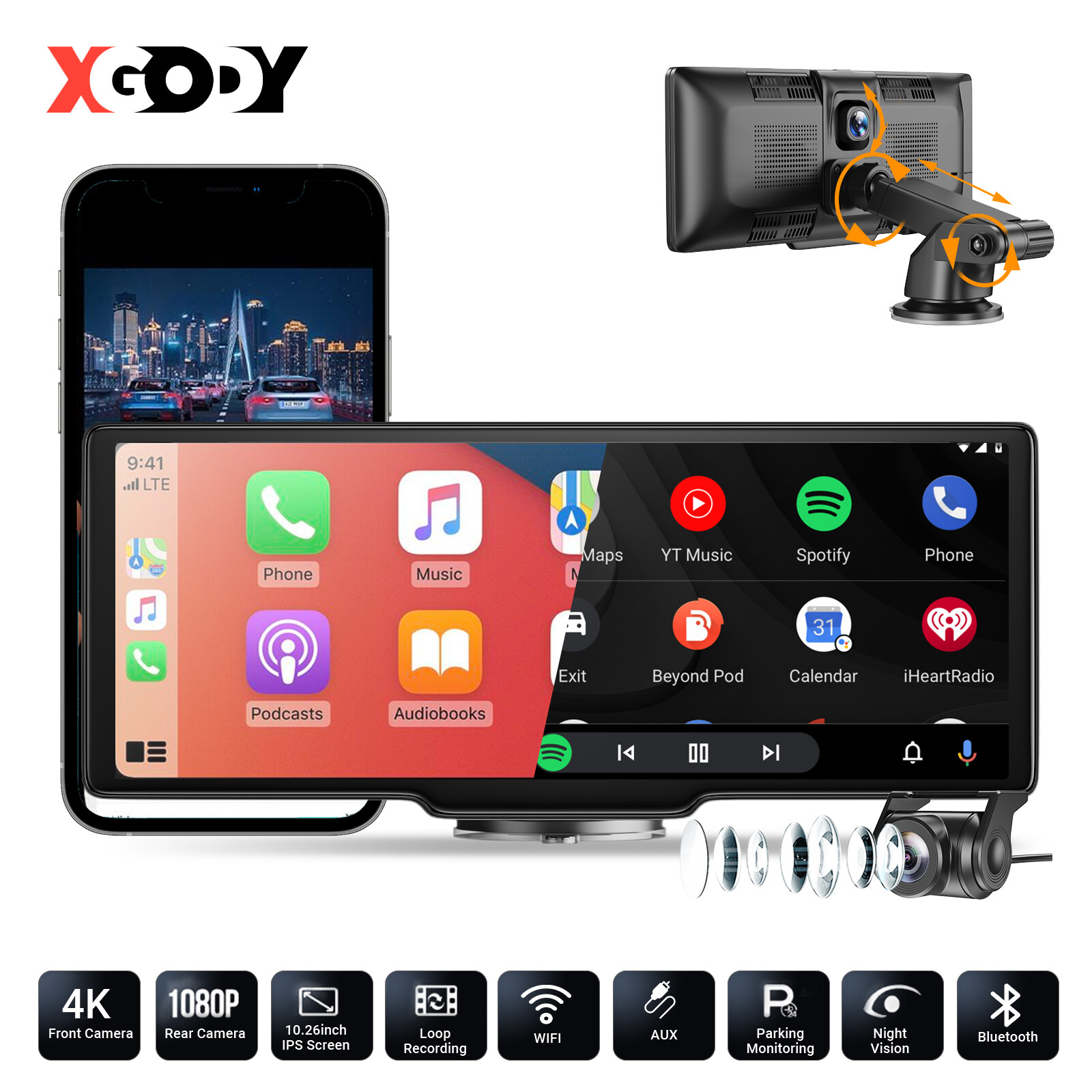 XGODY 10.26'' 4K Dash Cam CarPlay Car DVR Video Recorder Wireless ...