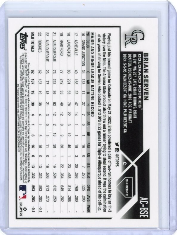 2023 Topps Chrome Update Brian Serven Rookie Autograph - Colorado ...