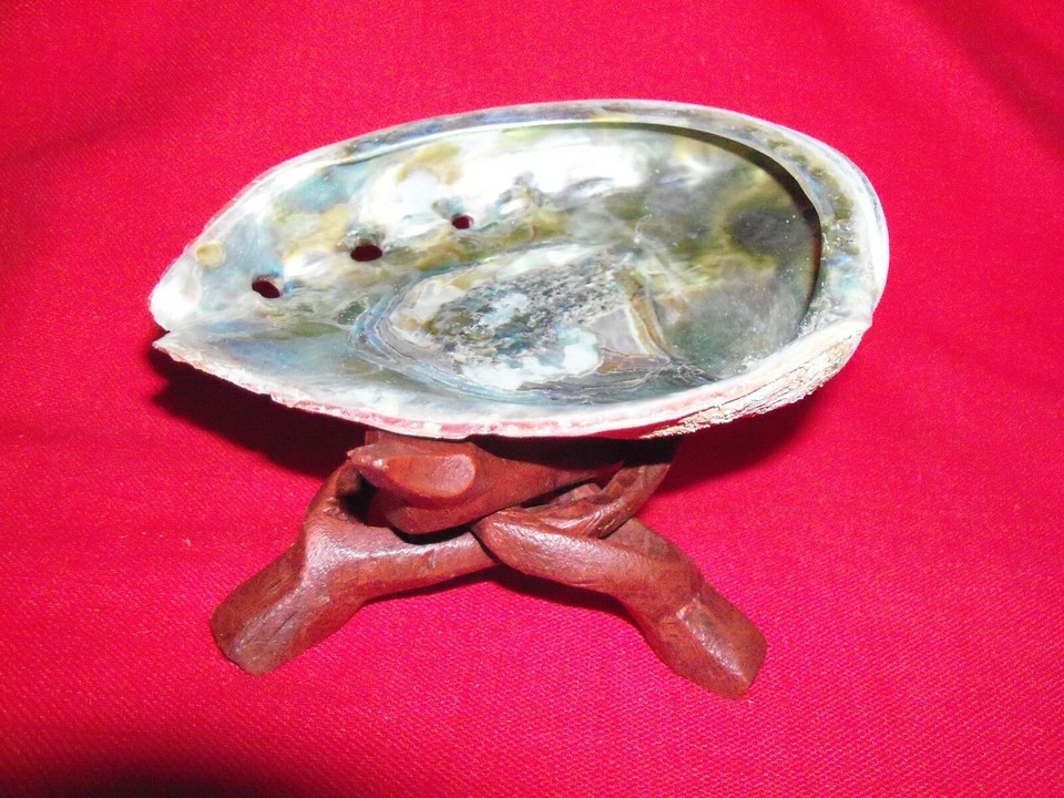 4" Inch WOOD Bowl DIsplay Stand for Abalone Sea Shells Gemstones and ...