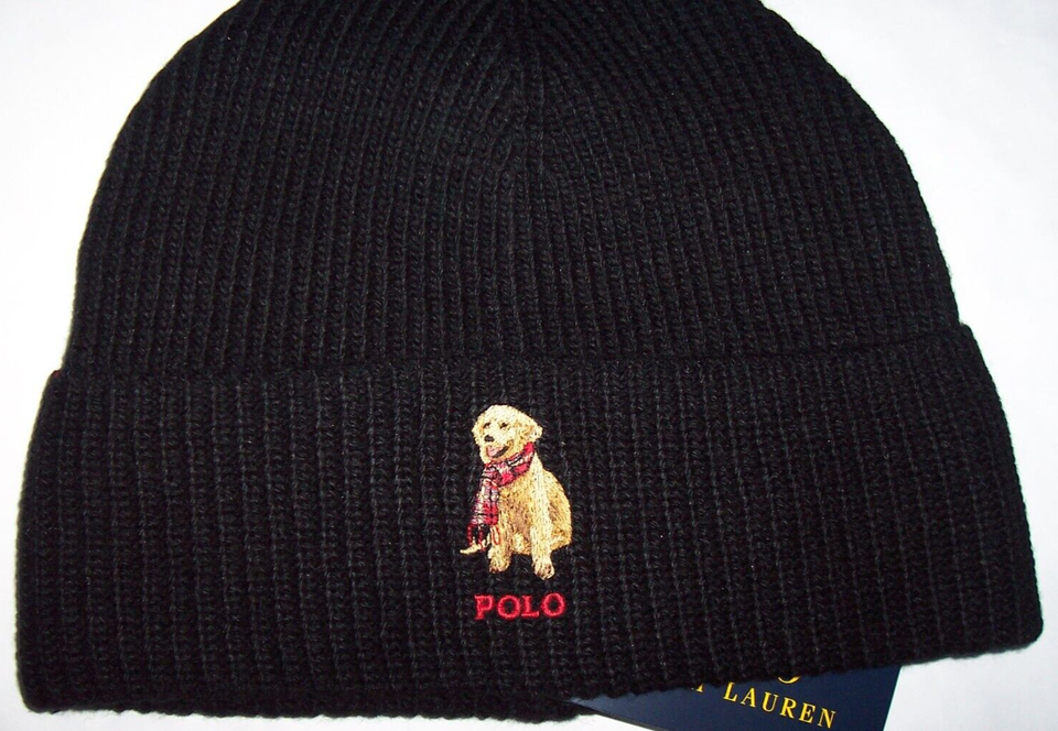 NWT Polo Ralph Lauren Black GOLDEN RETRIEVER DOG Wool-Blend Knit Beanie ...