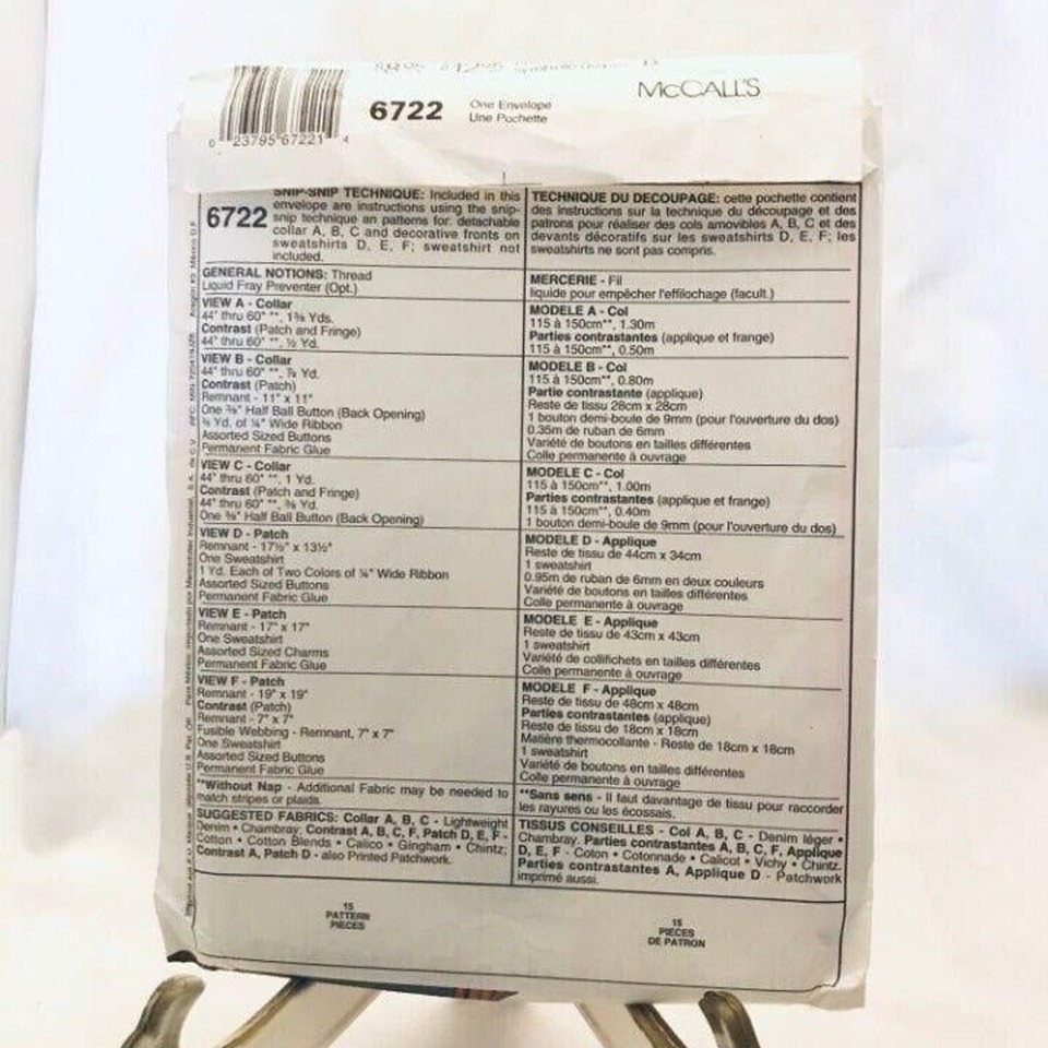 #6722 McCalls 6722 Craft sewing pattern, collar, patch, snip snip ...