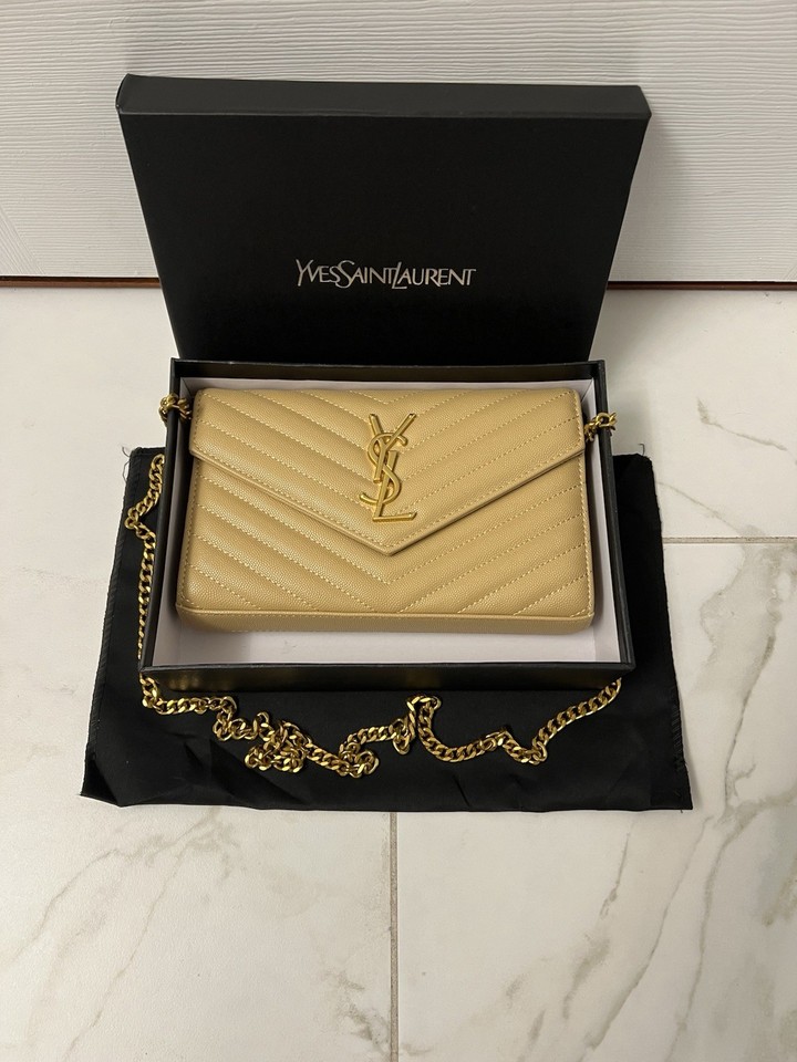 Yves Saint Laurent YSL Envelope Wallet On Chain Beige Crossbody (NO BOX ...