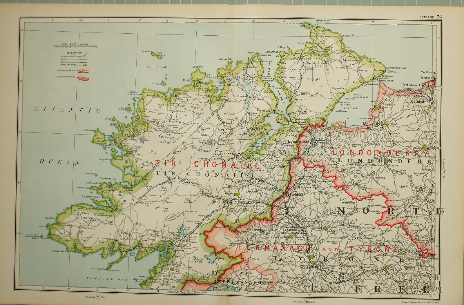 1927 MAP NORTH WEST IRELAND TIR CHONAILL FERMANAGH LONDONDERRY DONEGAL ...