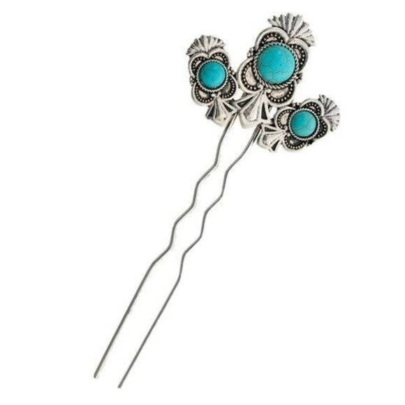 TURQUOISE WESTERN HAIR PIN STICK BARRETTE JEWELRY NATIVE AMERICAN ...