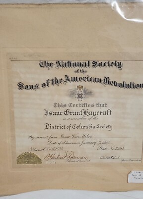 1948 Sons of the American Revolution certificate ISAAC GRANT HAYCRAFT ...