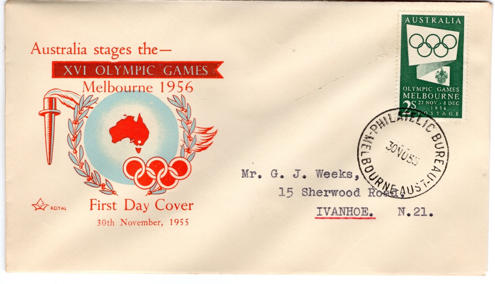 1955 Nov 30th. Royal First Day Cover. XVI Olympic Games Melbourne 1956 ...