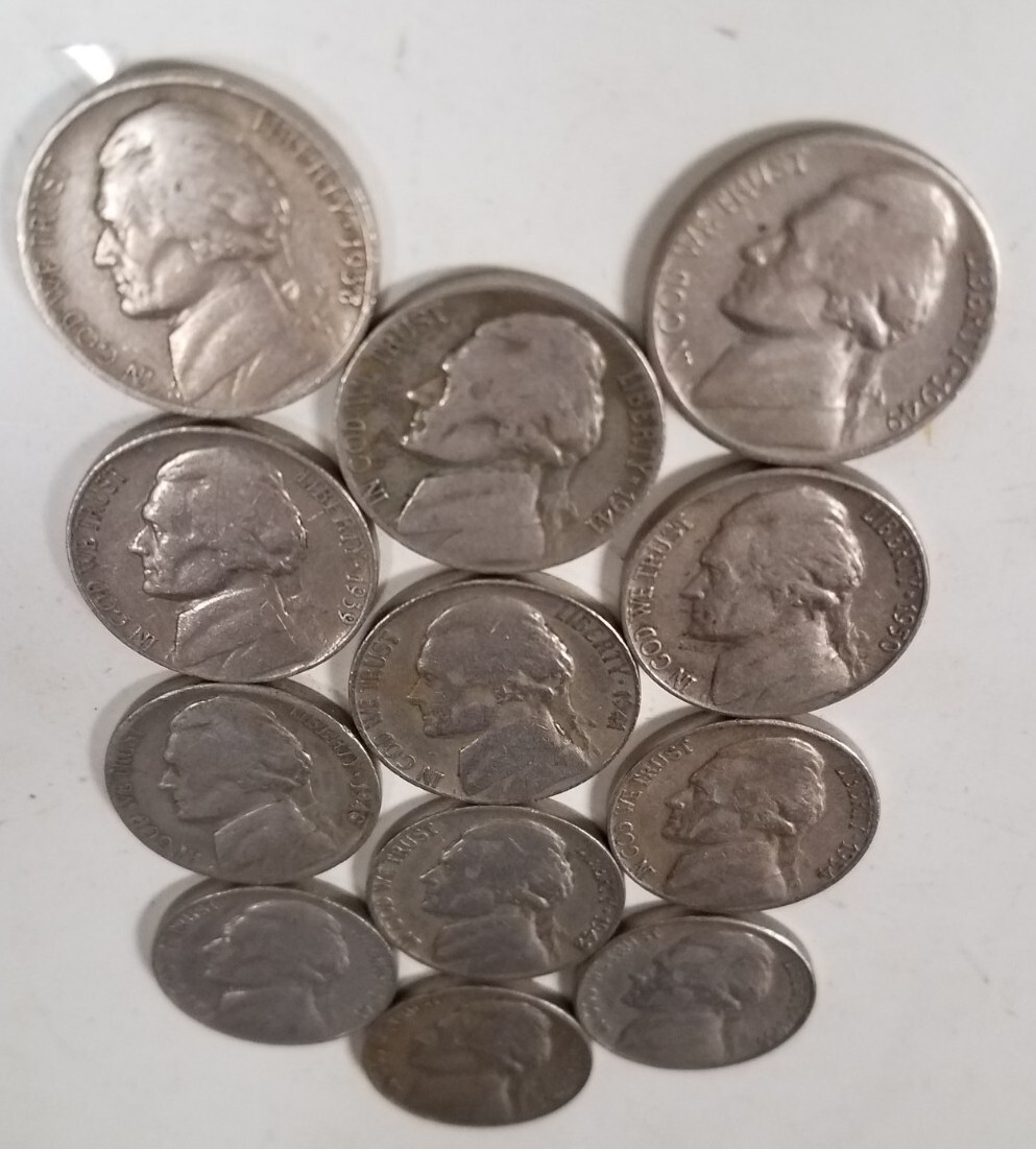 1923855M82012 LOT OF 12 EARLY JEFFERSON NICKELS 5 CENT 1938-55 COINS 69 ...