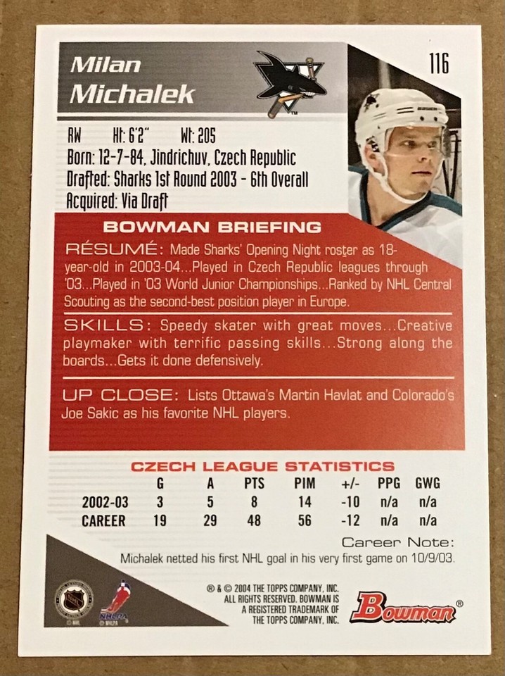 2003-04 MILAN MICHALEK BOWMAN ROOKIE CARD #116 SAN JOSE SHARKS | eBay