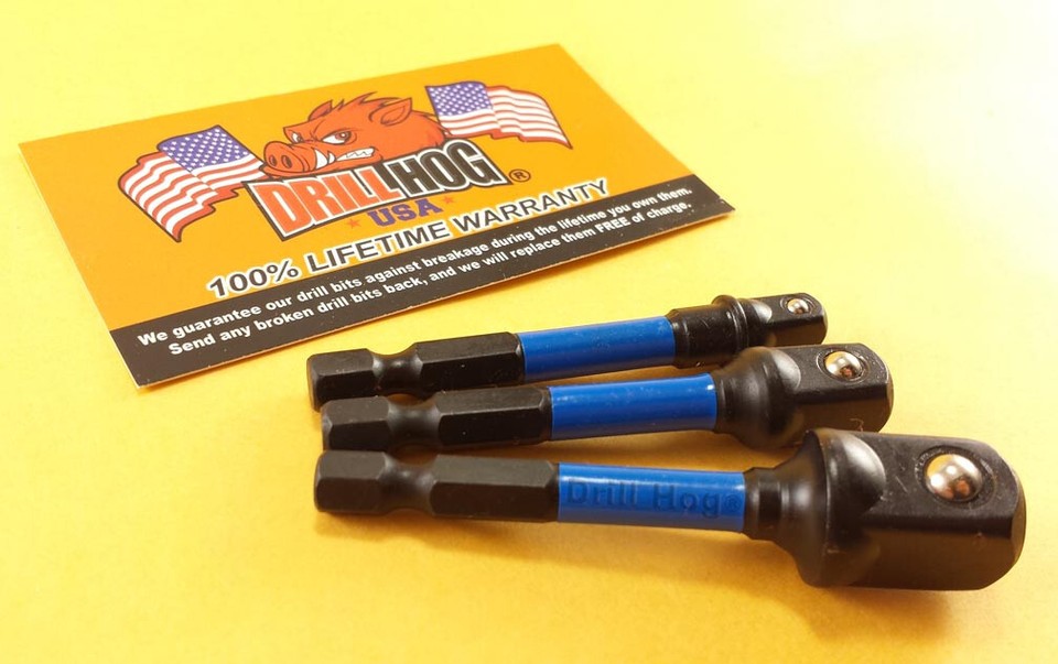 Drill Hog® Socket Adapter Set Hex Shank 1/4", 3/8", 1/2", Impact Driver ...