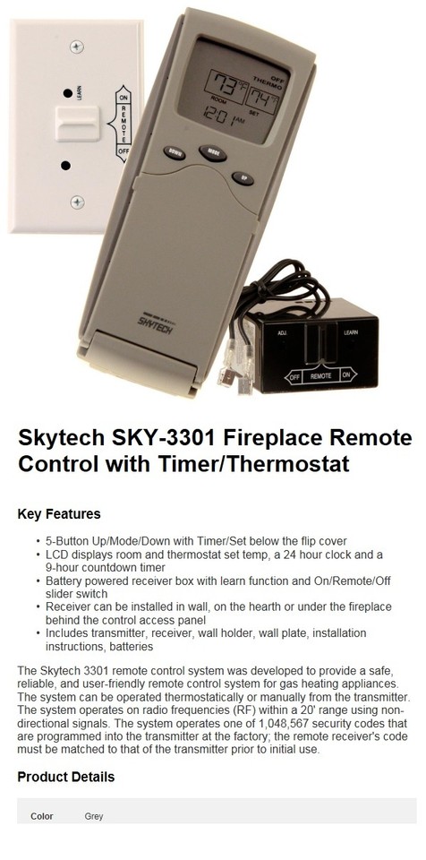 SKYTECH SKY-3301 Fireplace Remote Control with Timer/Thermostat FREE ...