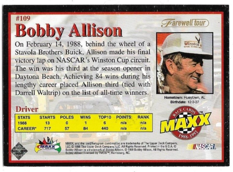 BOBBY ALLISON SIGNED CARD AUTO 1998 MAXX #109 NASCAR HOF - 2 | eBay