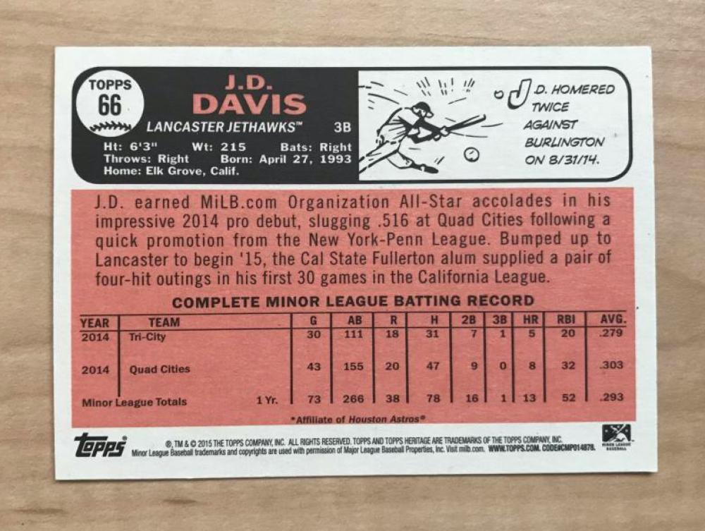 J.D. DAVIS LANCASTER JETHAWKS SIGNED AUTOGRAPHED 2015 TOPPS CARD #66 W ...