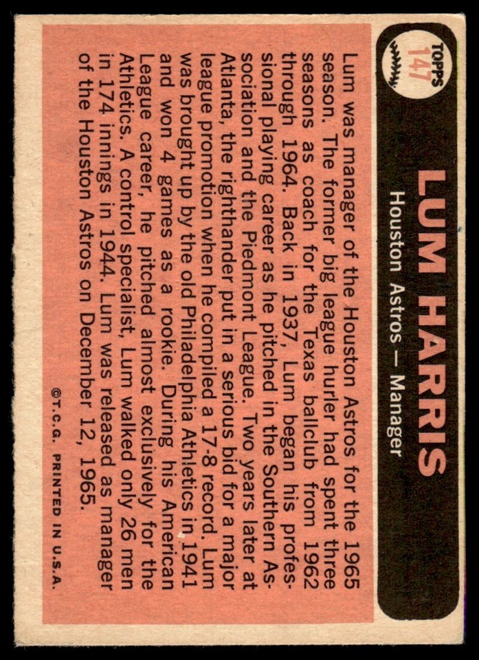1966 Topps Lum Harris Houston Astros #147 | eBay