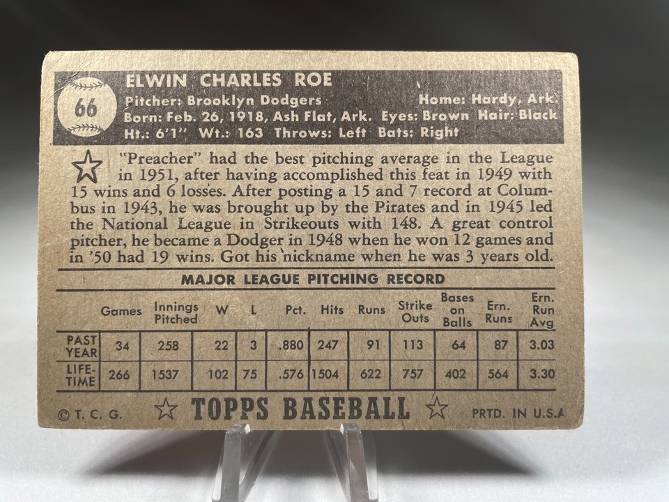 1952 Topps Baseball Preacher Roe #66 Brooklyn Dodgers | eBay