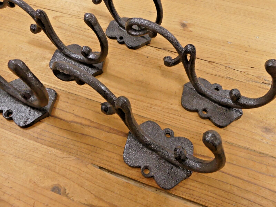 5 LARGE CAST IRON BATH HOOKS COAT TOWEL ORNATE VINTAGE RUSTIC HALL TREE ...