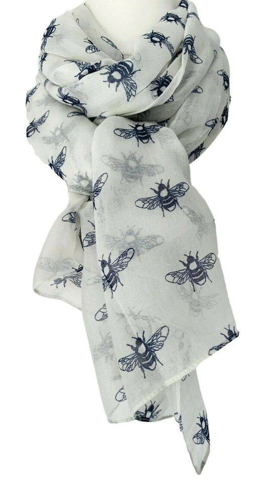 Bee Scarf Ladies Cream Bumble Bees Print Wrap Navy Blue Shawl ...