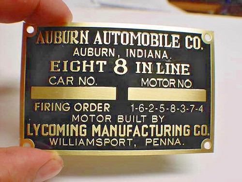 Auburn 8 Automobile Lycoming Data Plate acid etched brass | eBay