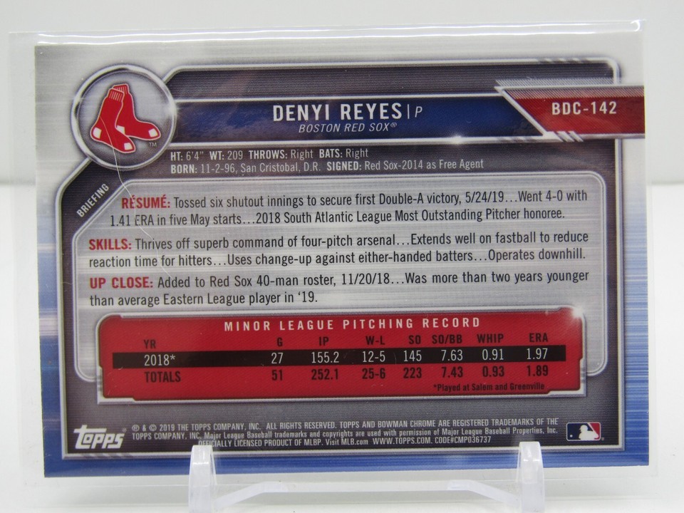 DENYI REYES 2019 BOWMAN CHROME GREEN REFRACTOR #08/99! BOSTON RED SOX ...