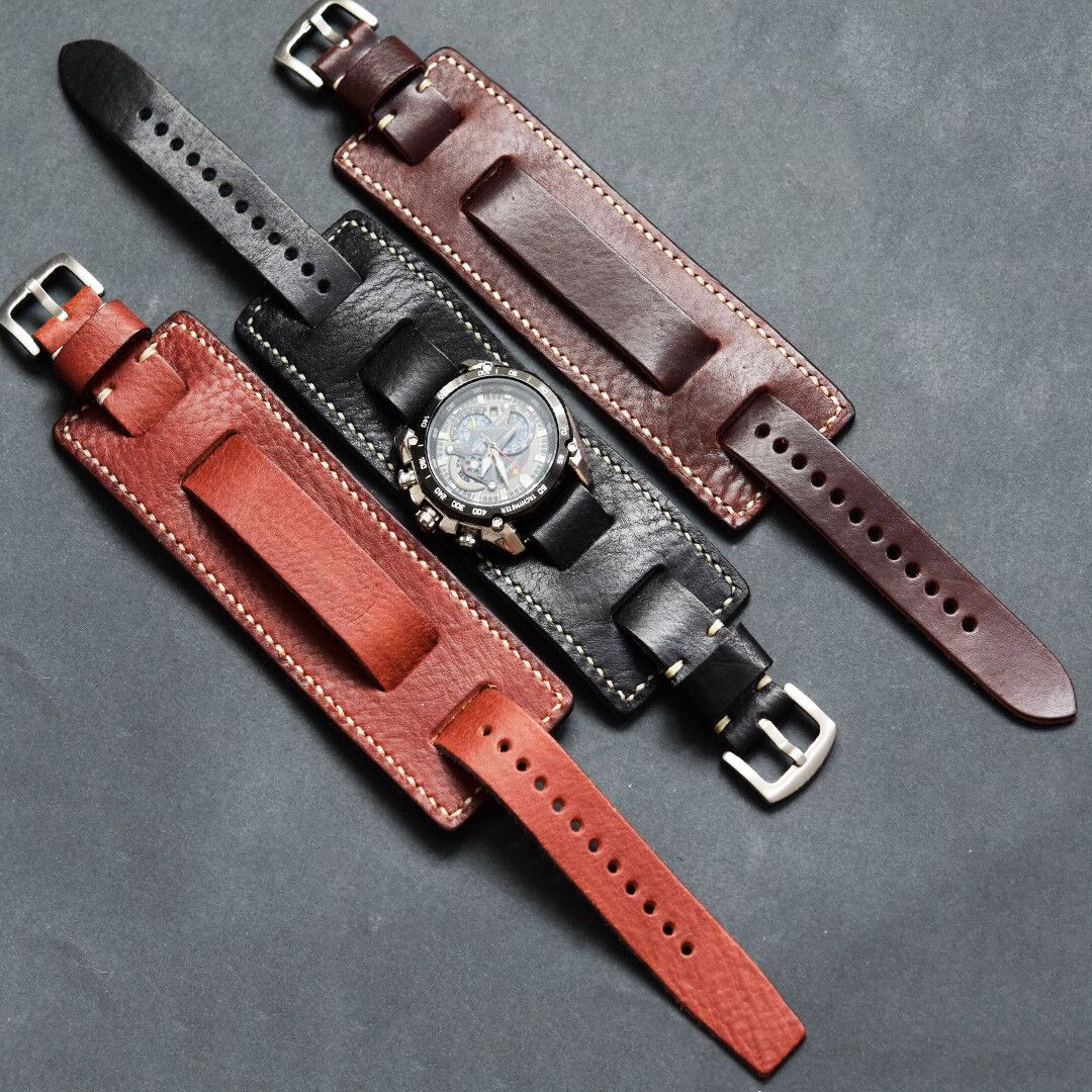 Full grain leather watch strap bund 18-26 mm hand crafted military cuff ...
