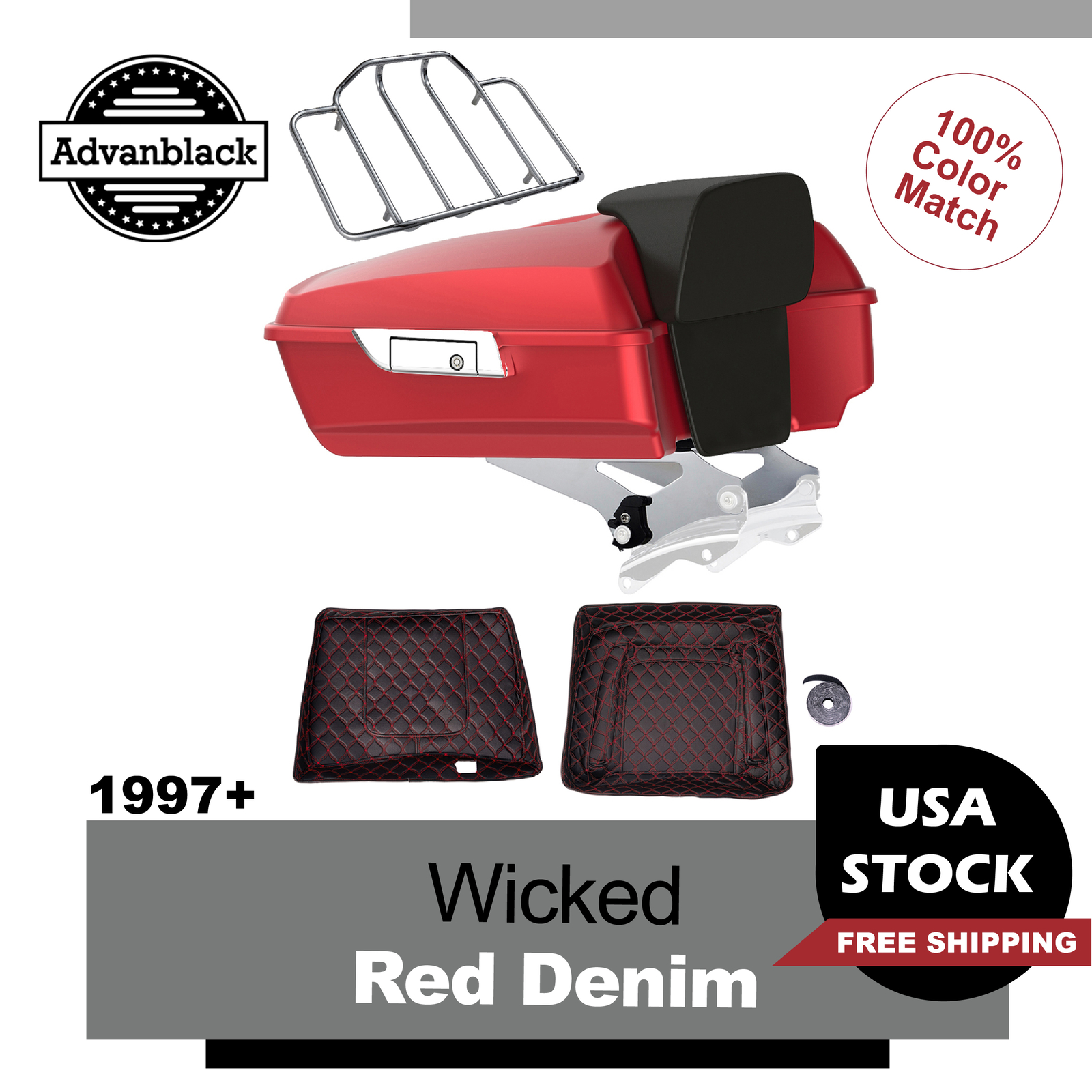 Wicked Red Denim Chopped Tour Pak Pack Trunk Luggage Backrest Fits 1997 ...