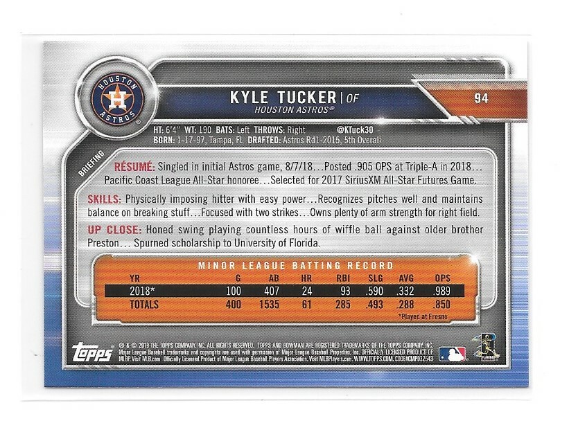 KYLE TUCKER 2019 Bowman Baseball RC #94 Houston Astros ROOKIE CARD *Hot ...