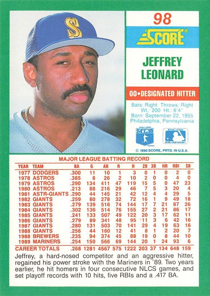 1990 Score #98 Jeffrey Leonard Seattle Mariners | eBay