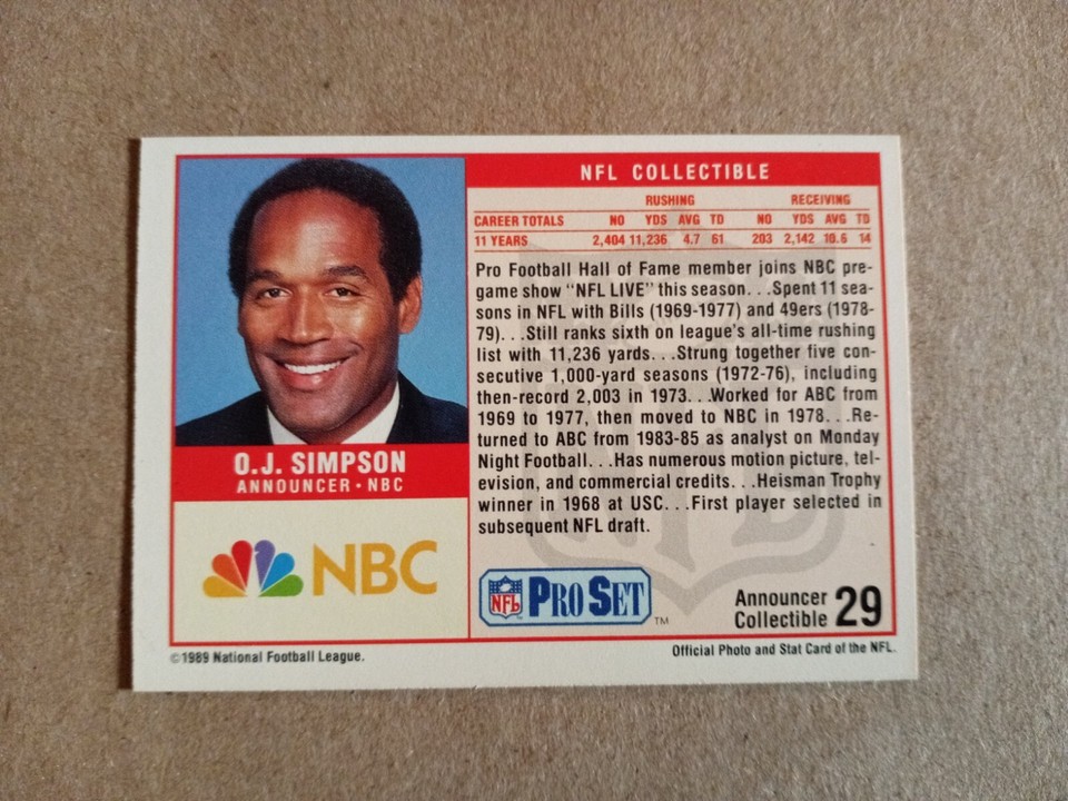NFL 1989 O.J. Simpson, Buffalo Bills NBC ProSet Announcers #29 Football ...