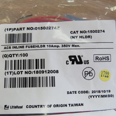LITTLEFUSE 01500274Z Qty of 10 per Lot Fuse Holder 10 A 350V 1 Circuit ...