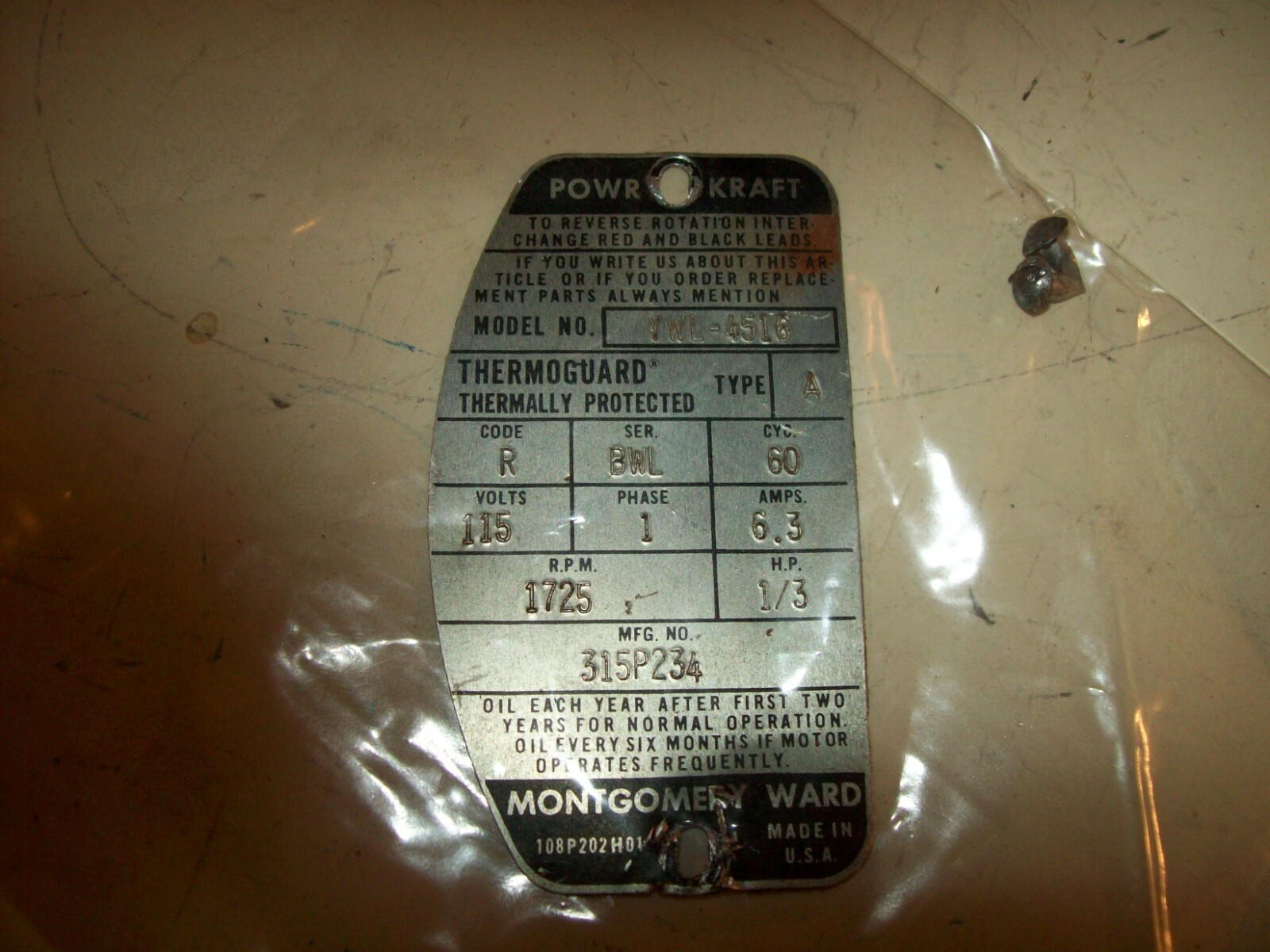 Motor Plate Powr-Kraft Model YWL-45516 1/3 HP 11" Rockwell Wood Lathe ...