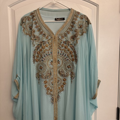 SULTAN Istanbul Aqua / Teal Long Dress Gold Embroidery Solid Print ...