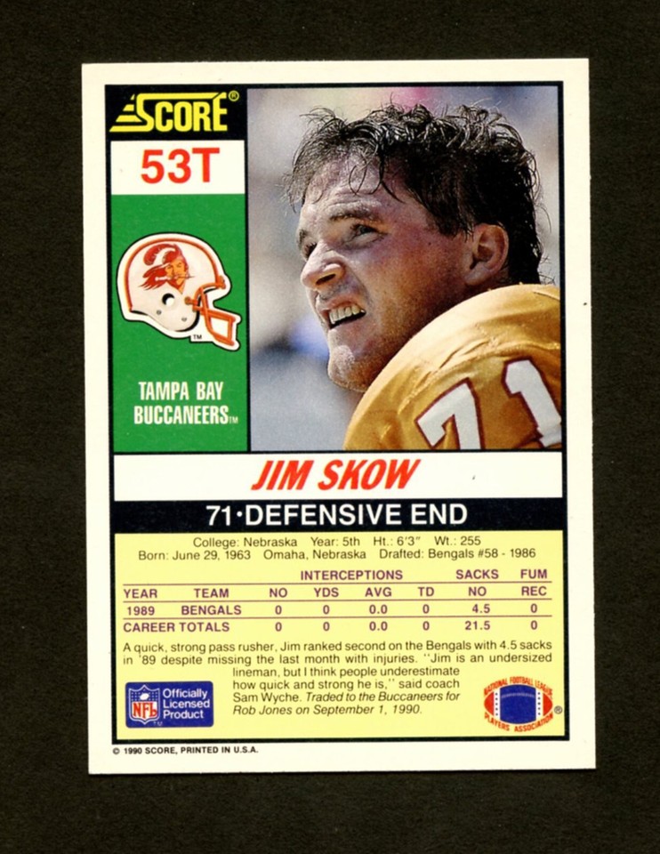 1990 Score Traded Jim Skow #53T Autographed Card ~ Tampa Bay Buccaneers ...