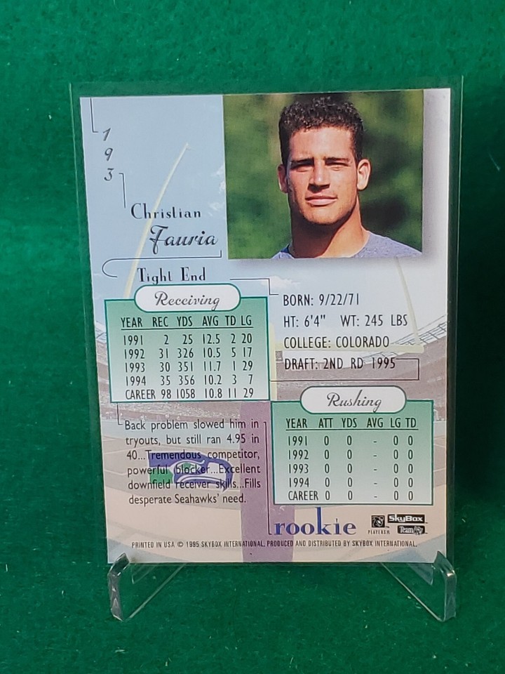 1995 SkyBox Premium Football #193 Christian Fauria RC Seahawks Rookie ...