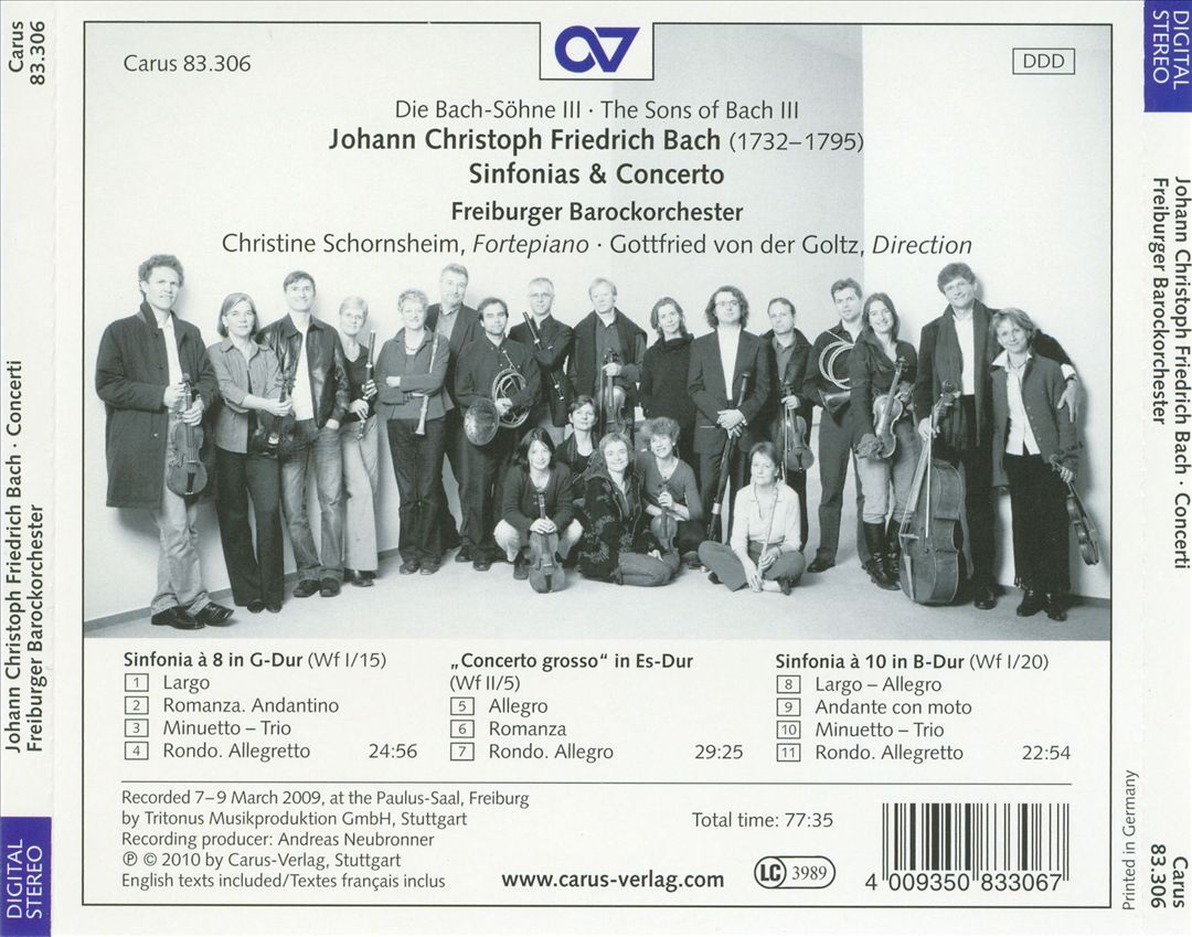 FREIBURGER BAROCKORCHESTER JOHANN CHRISTOPH FRIEDRICH BACH: CONCERTI ...