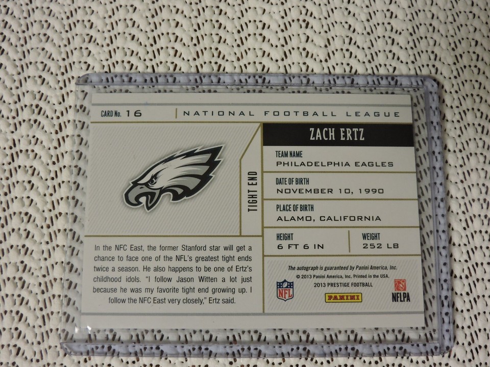 2013 Prestige Tickets Zach Ertz Rookie Autograph Philadelphia Eagles ...