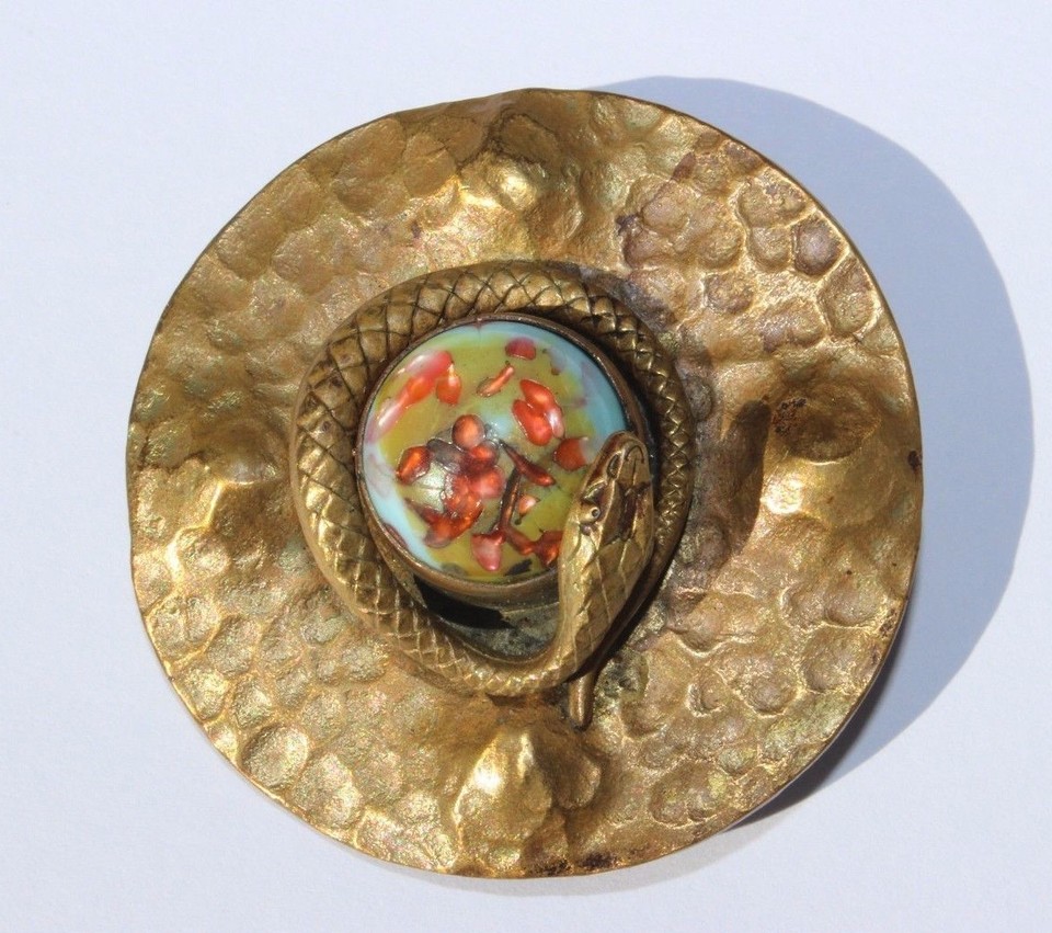 ARTS & CRAFTS Antique Wrought Bronze Brass Marble Glass Snake Brooch ...