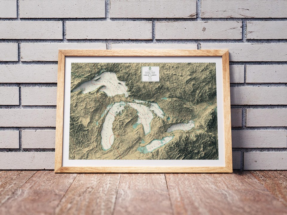 Great Lakes Map, Great Lakes US & Canada Vintage 2D Relief Map - 2D ...