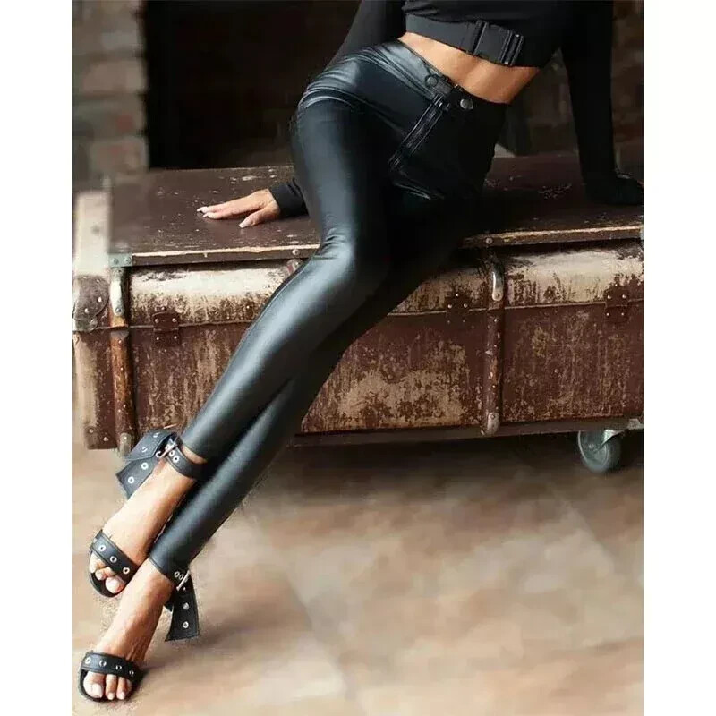 Women Sexy Black Matte Leather Pants Full Ladies Punk Trousers Party ...