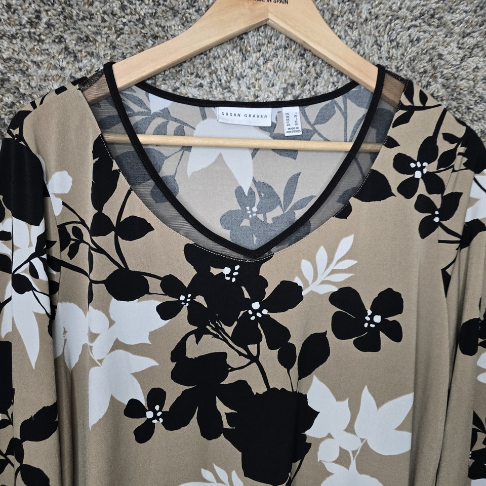 Susan Graver Top Womens Large Black Liquid Knit V Neck Blouse Stretch ...