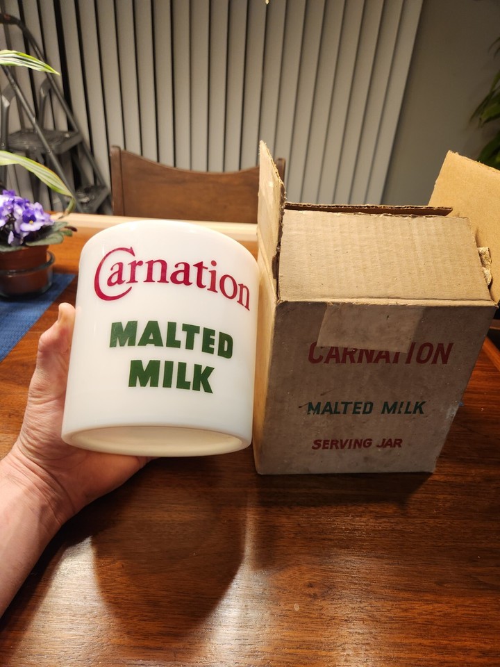 Vintage Carnation Malted Milk Advertising Milk Glass Jar Canister NEW ...