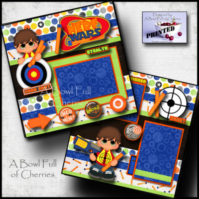 NERF GUNS ~ 2 PREMADE SCRAPBOOK PAGES Paper printed layout TOYS boy ...