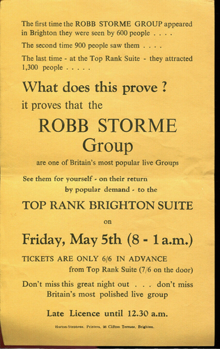 ROBB STORME GROUP : original UK 1960's Gig Flyer : Top Rank BRIGHTON ...