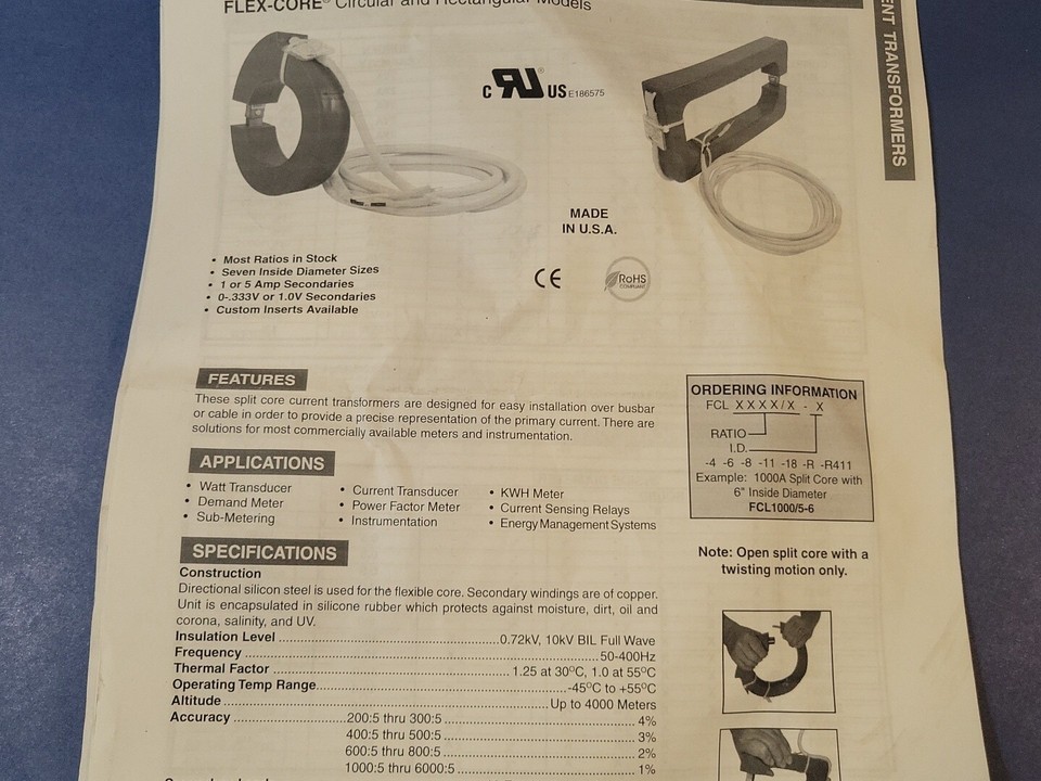 Flexible Split-Core Current Transformer 600V Class Model# FCL 600/5-6 ...