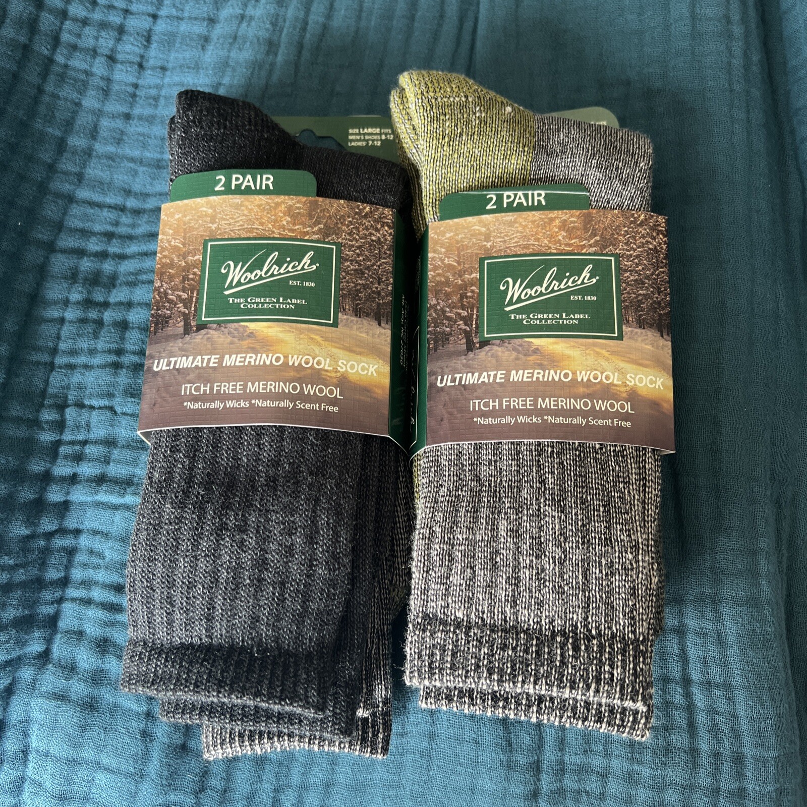 WOOLRICH 4 Pair Ultimate Merino WOOL Crew BOOT SOCKS MENS Size LARGE 9 ...