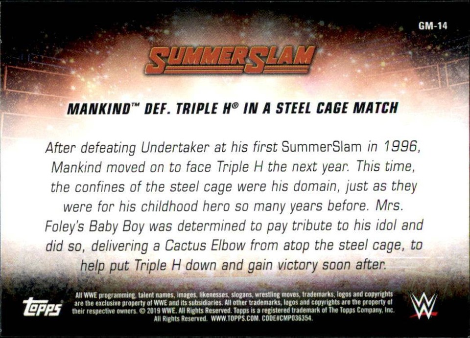 2019 Topps WWE Summerslam Greatest Matches GM-14 Mankind def. Triple H ...