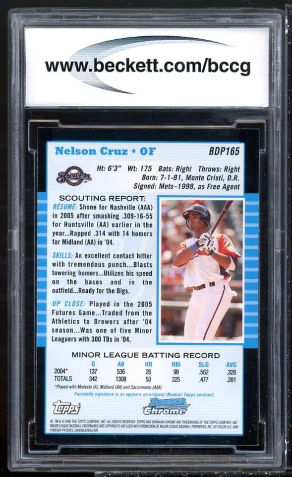 Nelson Cruz Rookie Card 2005 Bowman Chrome Draft #165 BGS BCCG 10 | eBay
