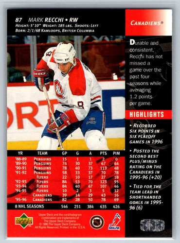 1996 Upper Deck #87 Mark Recchi Montreal Canadiens | eBay